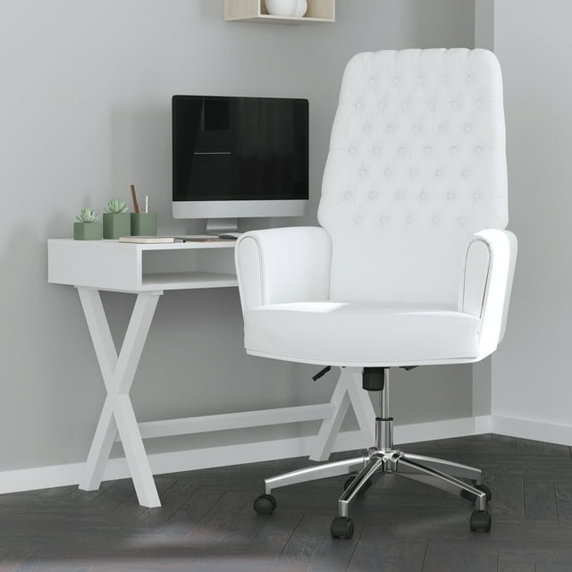 Merrick Lane White High Back Button Tufted Faux Leather Swivel Home ...