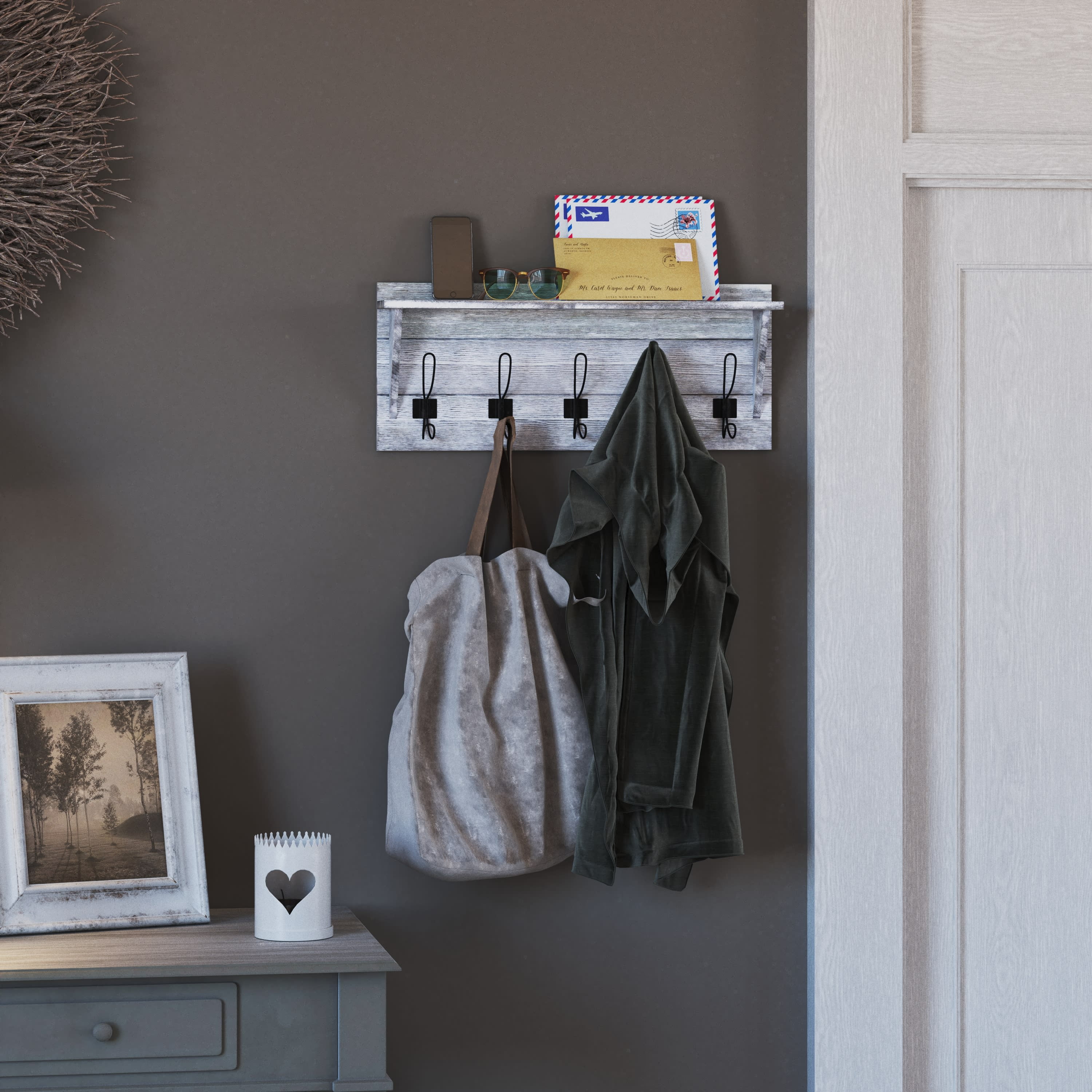 Merrick Lane Whitewashed Pine Wood 24 Inch Wall Mount Storage Rack with ...