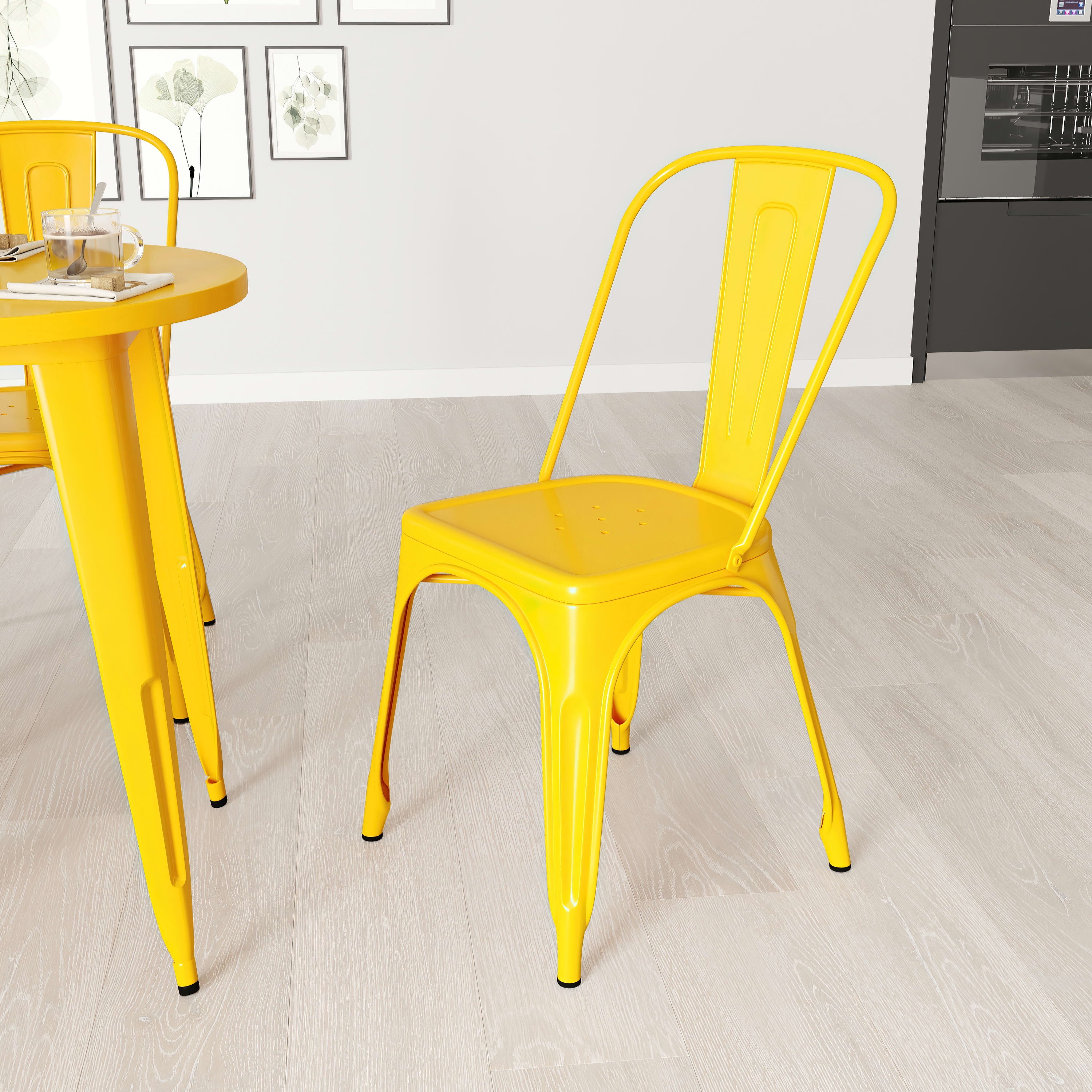 Merrick Lane Yellow Metal Dining Chair, Curved Slatted Back, Powder ...