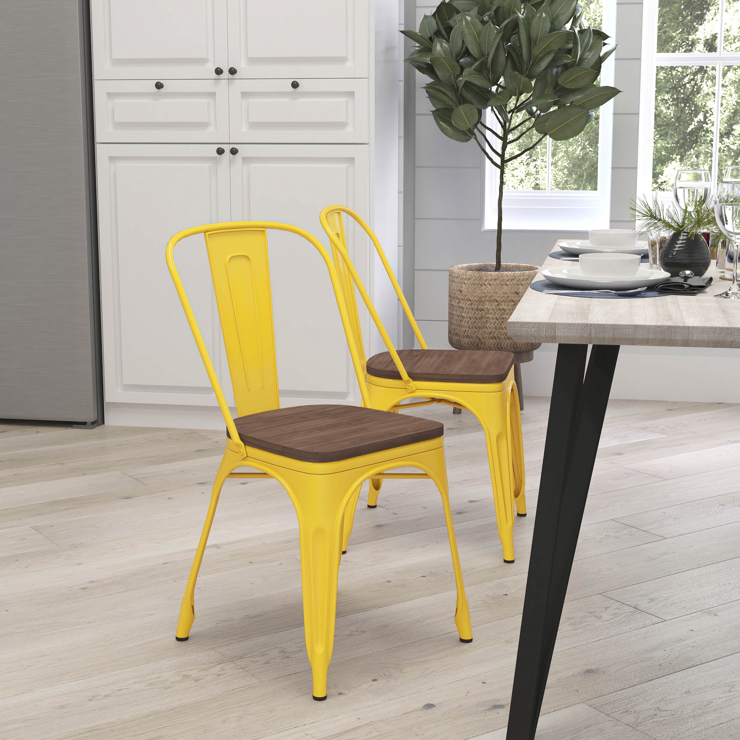 Merrick Lane Yellow Metal Dining Chair With Curved Vertical Slatted ...