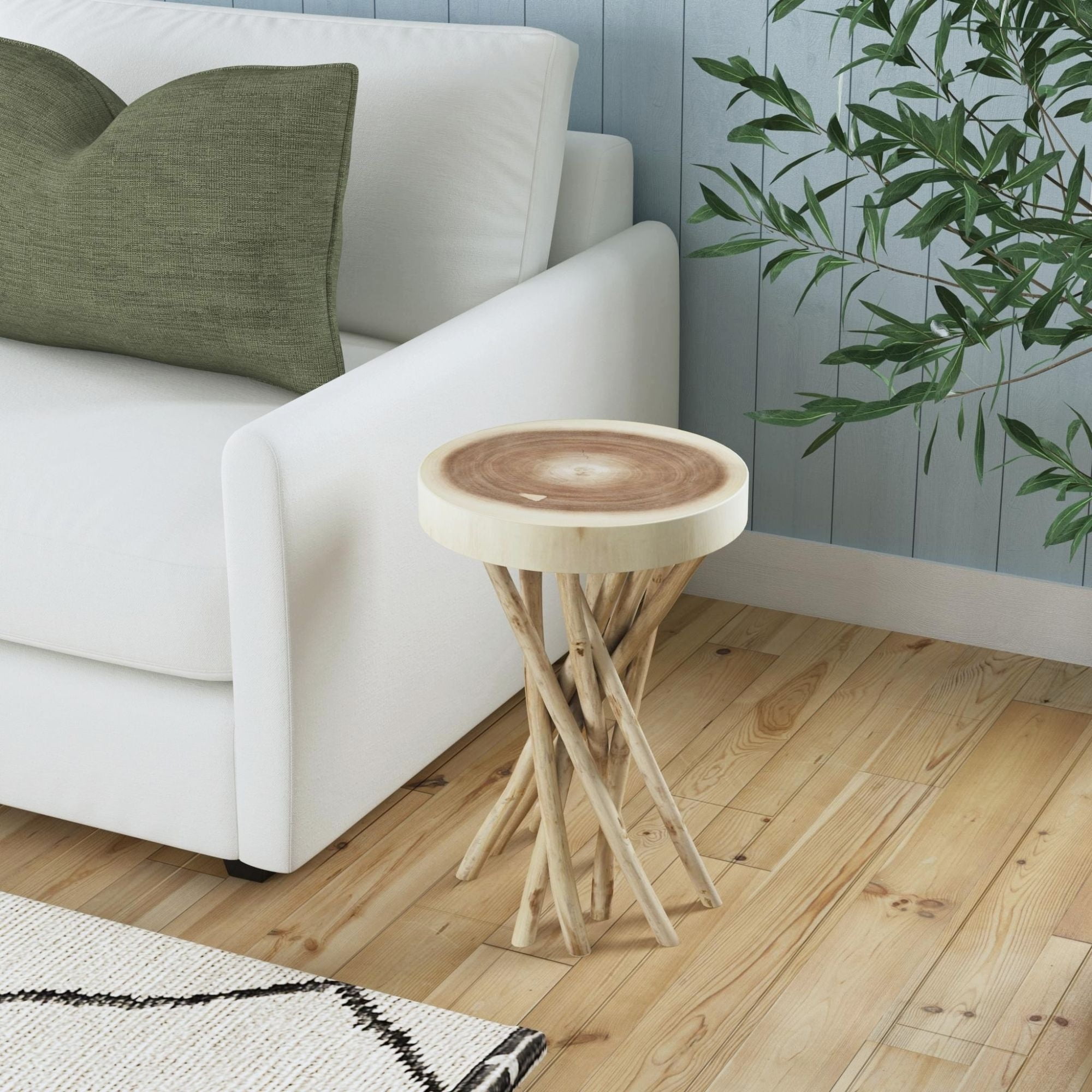 Merrill Round Natural Brown Solid Teak Wood Stick Base Accent Table 14 ...