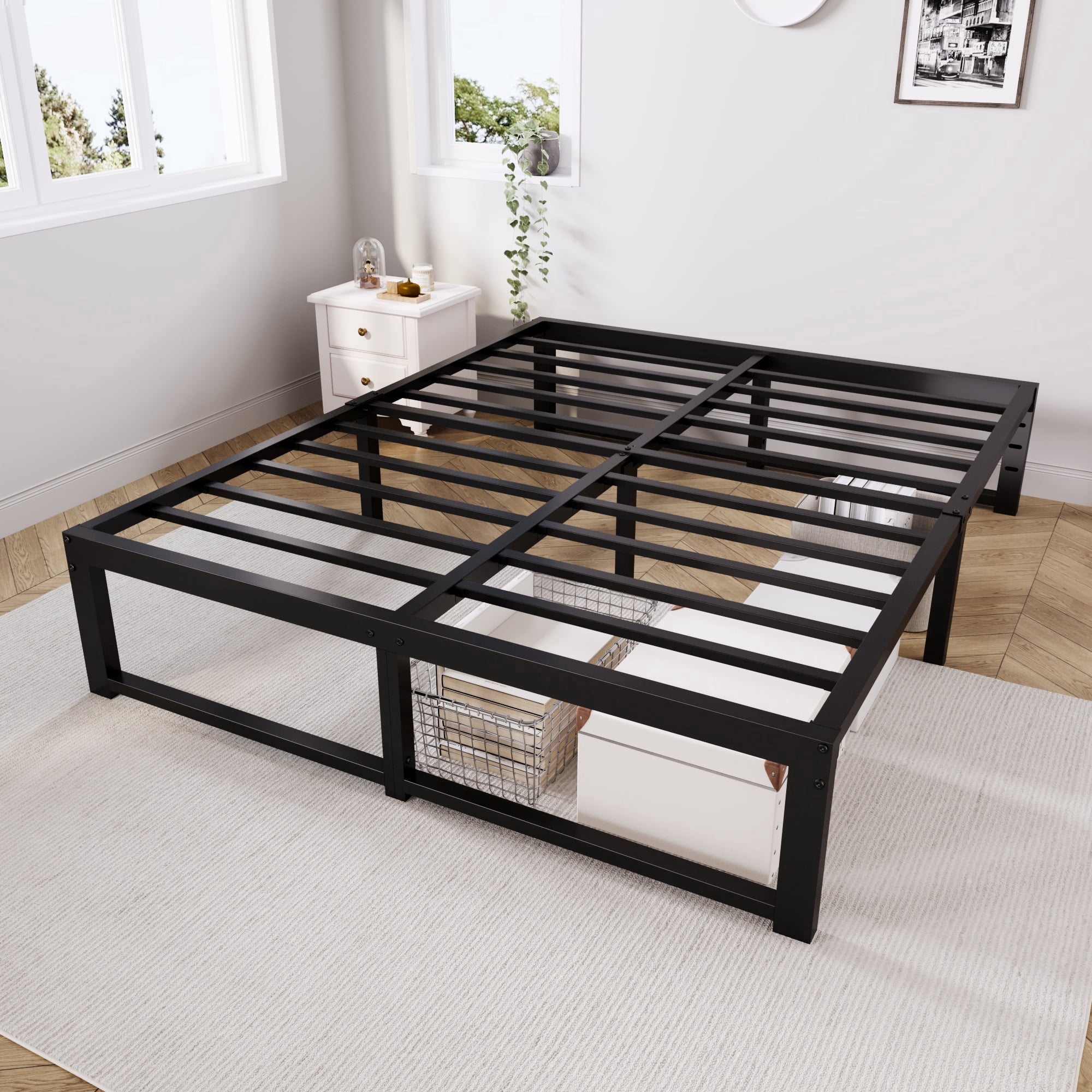 Merrland 14" Queen Bed Frame, Metal Platform Bed with Under-Bed Storage ...