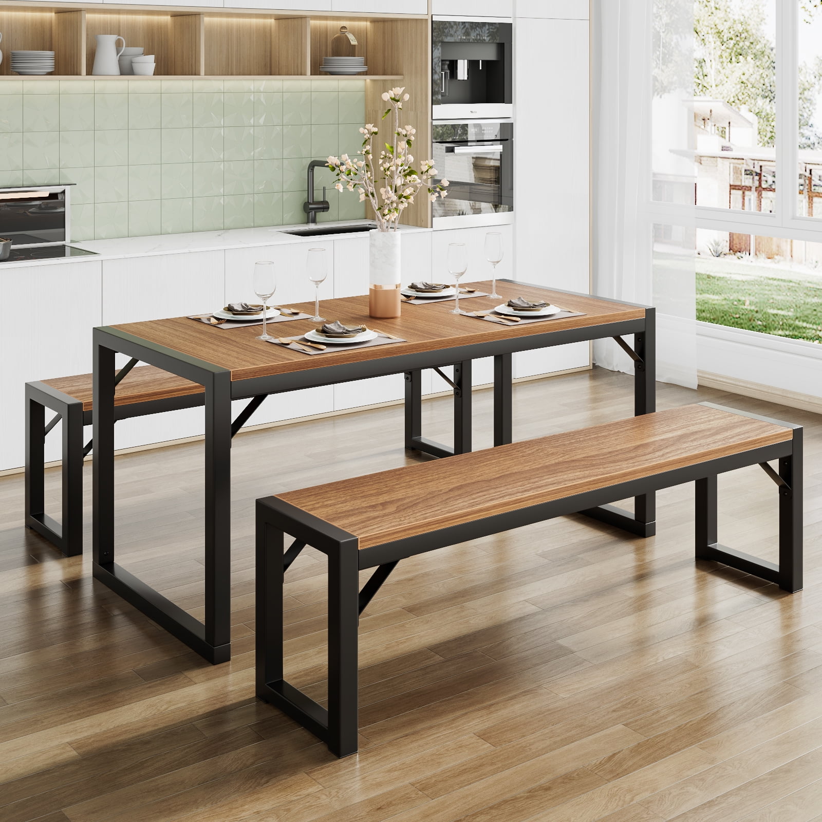 Merrland 3-Piece Dining Table Set with 2 Benches, Rustic Kitchen Table ...