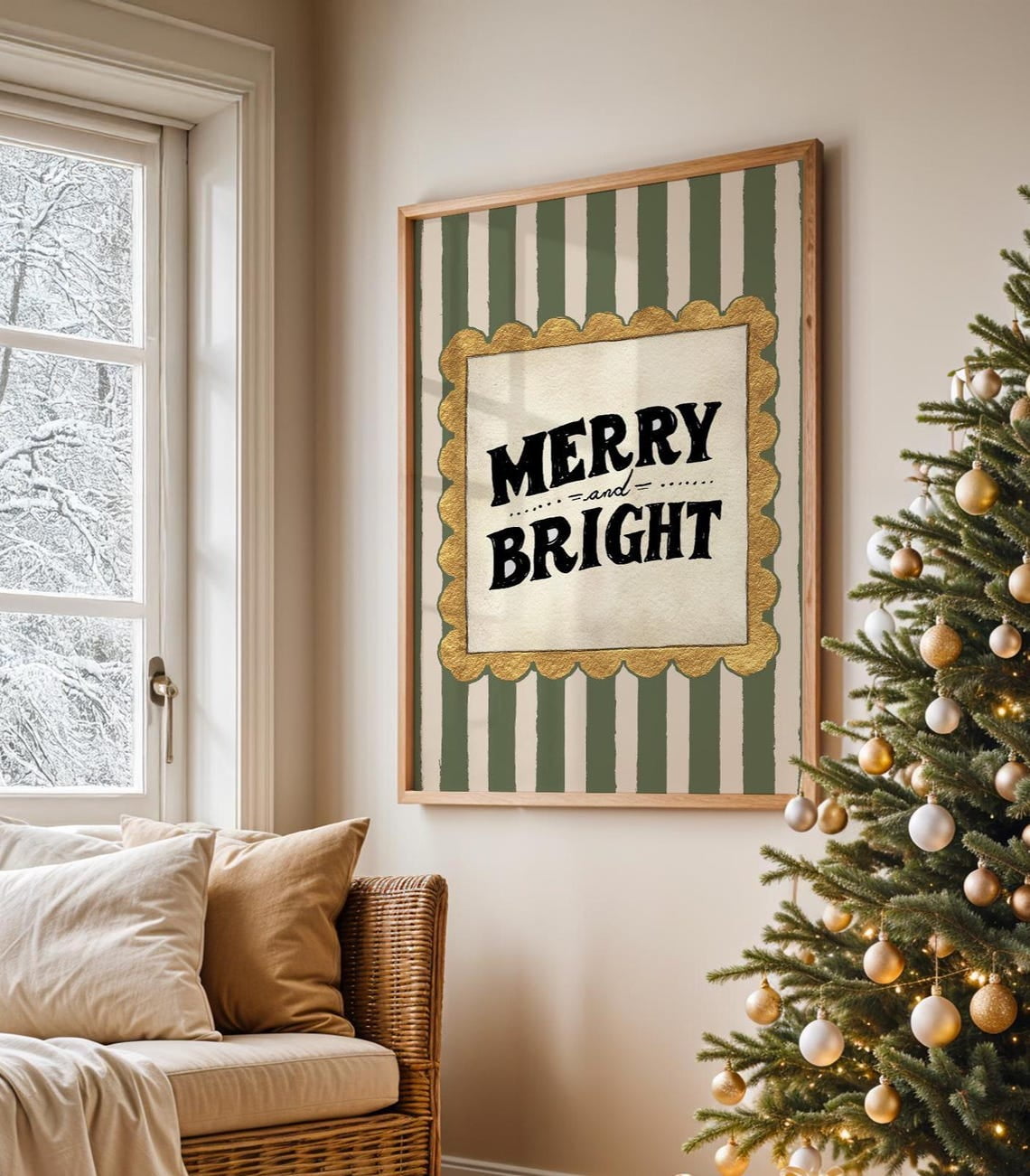 Merry And Bright Wall Art, Festiveprint, Neutral Green And Gold Winter ...