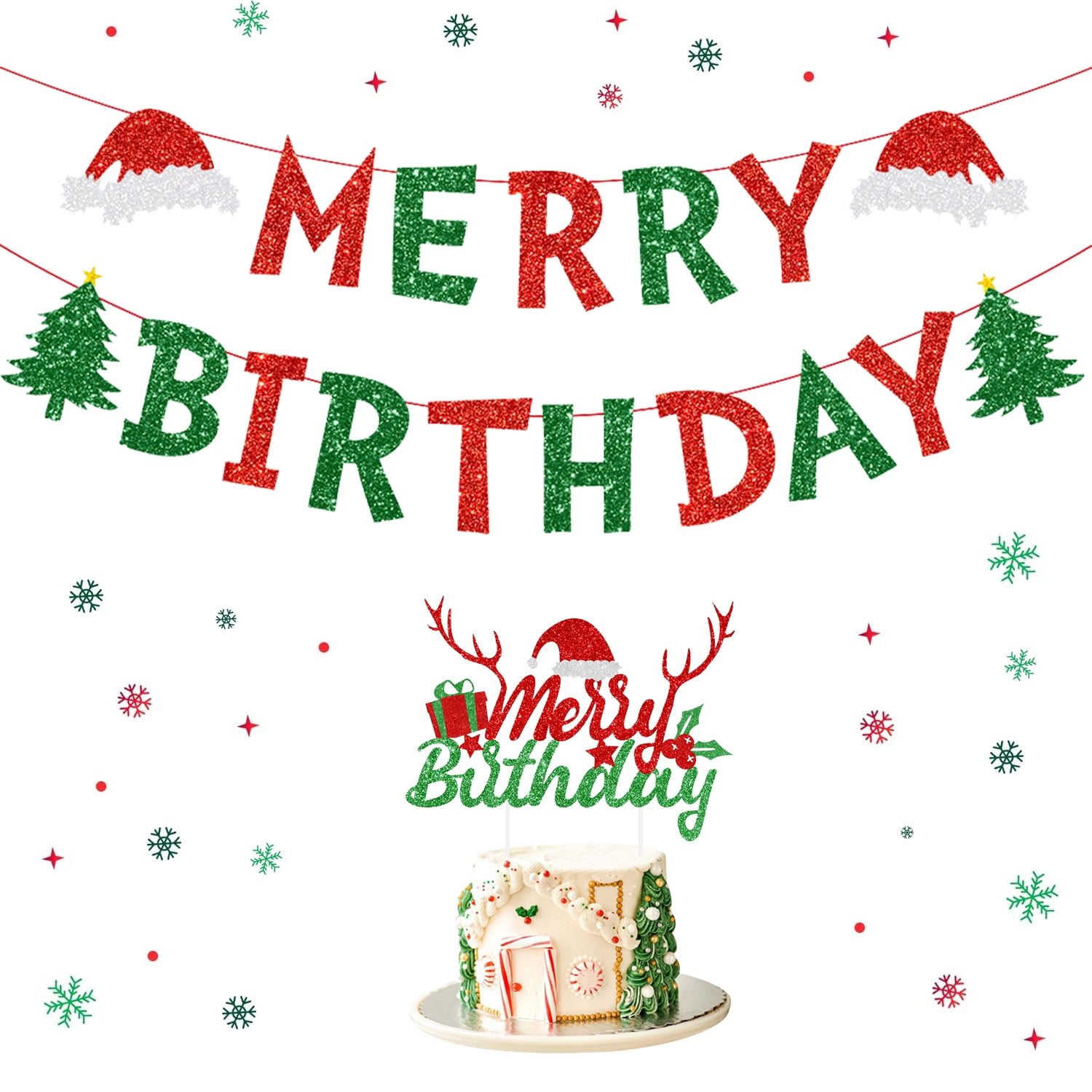 Merry Birthday Banner Cake Topper Christmas Birthday Party Decorations ...