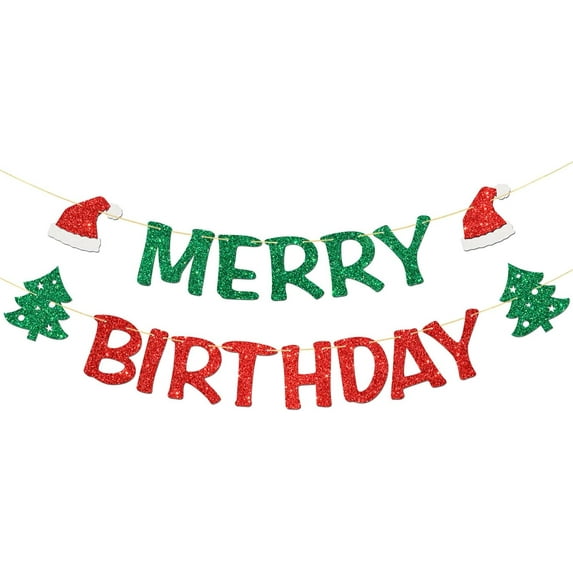 Merry Birthday Banner - Christmas Winter Birthday Party Supplies ...