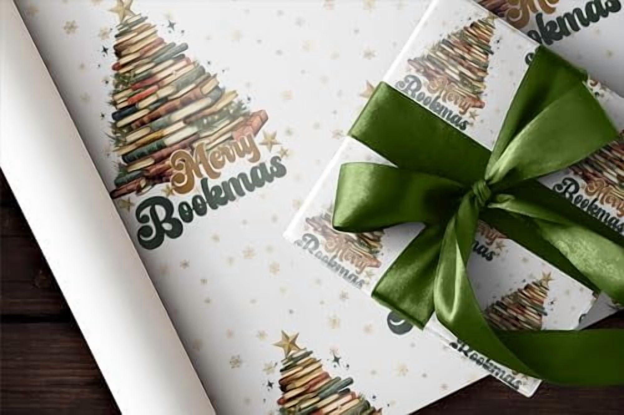 Merry Bookmas Wrapping Paper, Christmas Book Lover Gift Wrap, Reading ...