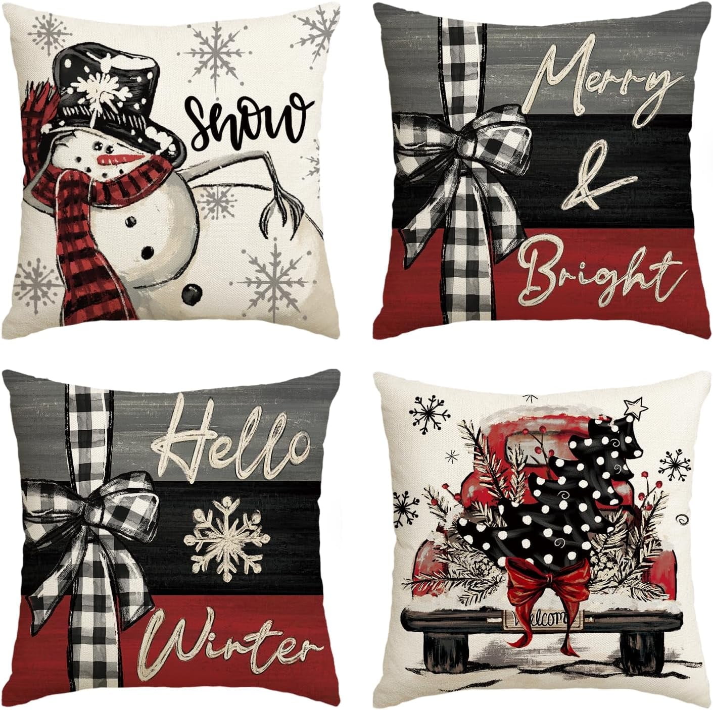 Merry & Bright Christmas Snowman Throw Pillow Covers, 18 x 18 Inch Xmas ...
