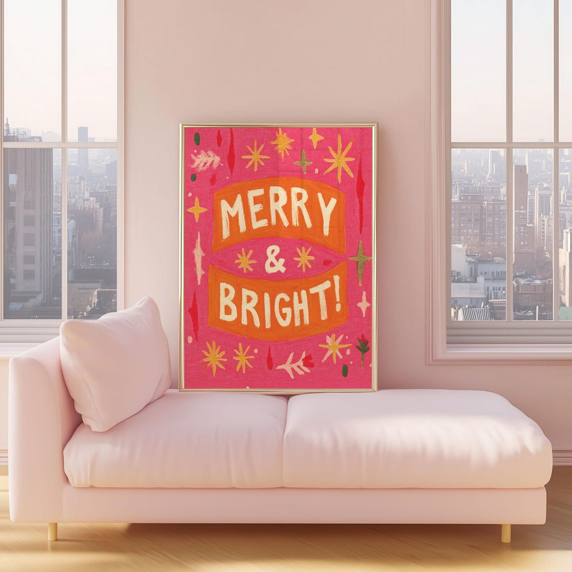 Merry & Bright Winter Festive Wall Art Retro Pink Festive Print Festive ...