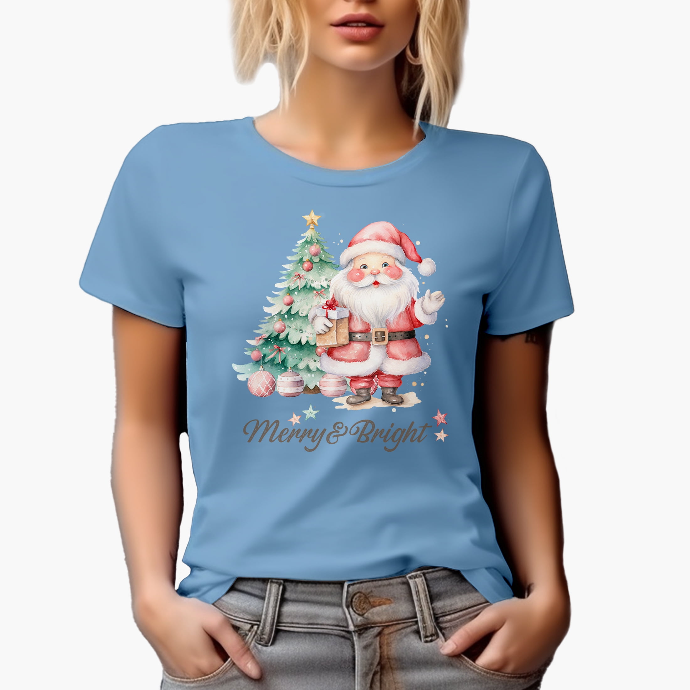 Merry & Bright with Cute Watercolor Art of a Christmas Tree & Santa ...