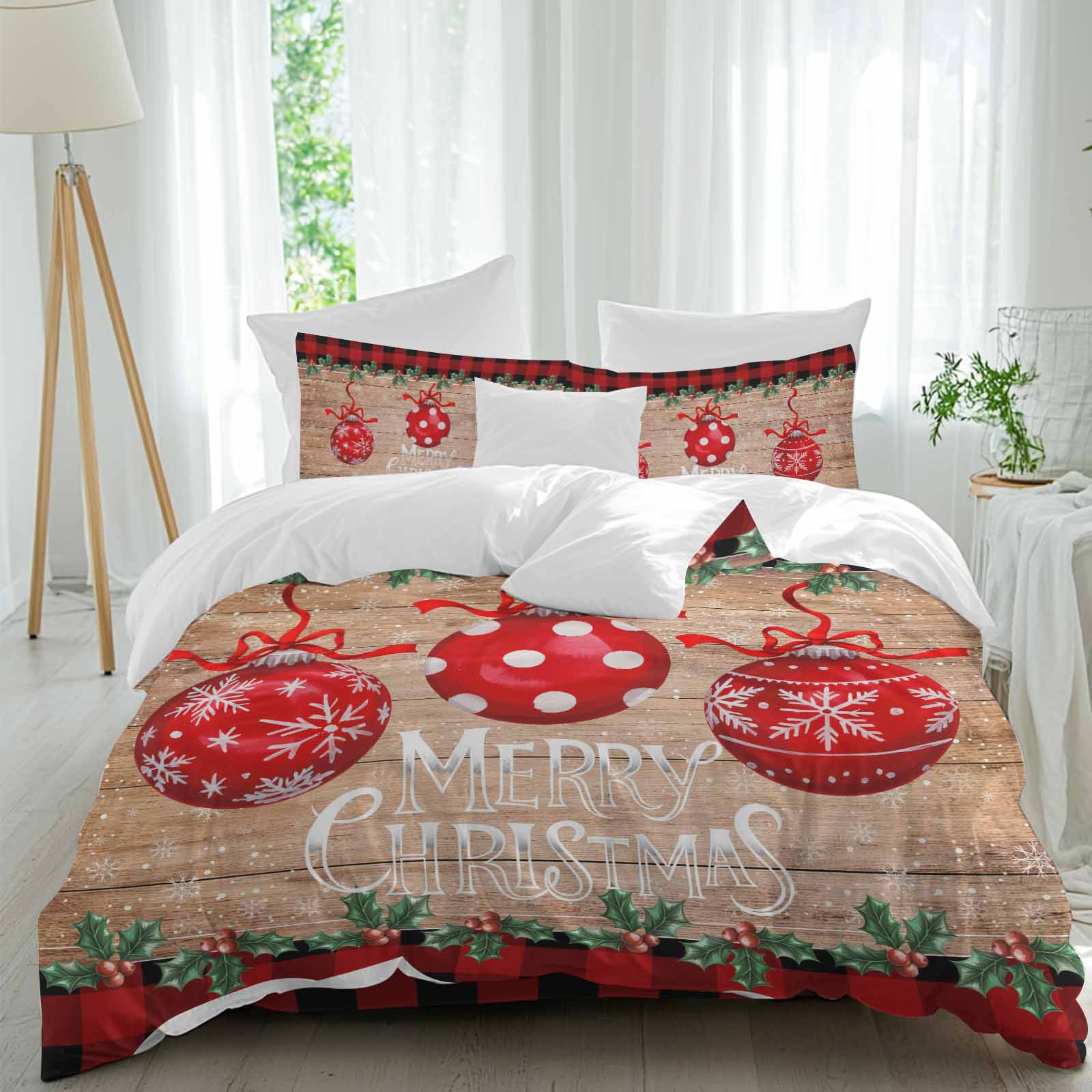 Merry Christmas 4 Piece Duvet Cover Set Queen Size Red Xmas Balls ...