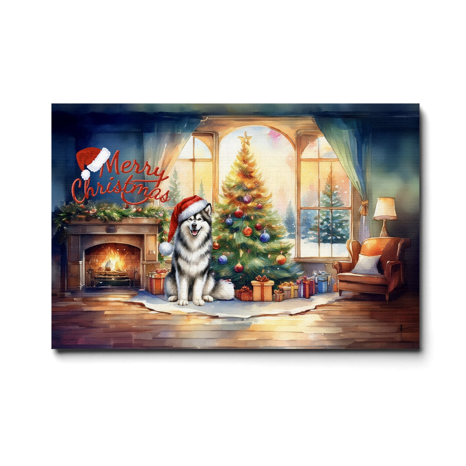 Merry Christmas Alaskan Malamute Santa Hat Xmas Tree Winter Holiday ...