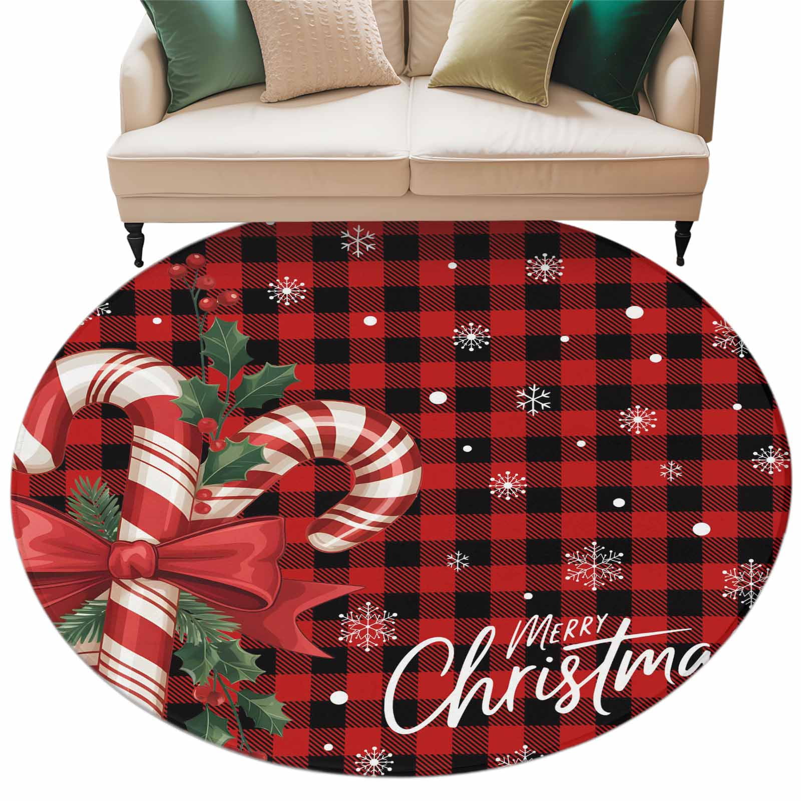 Merry Christmas Area Rug, Xmas Red Bowknot Candy Canes Holly Snowflakes ...