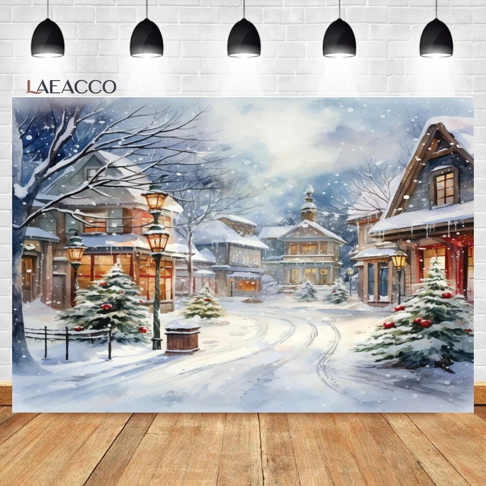 Merry Christmas Backdrop Winter Snowy Night Glitter Warm Rural Housing ...