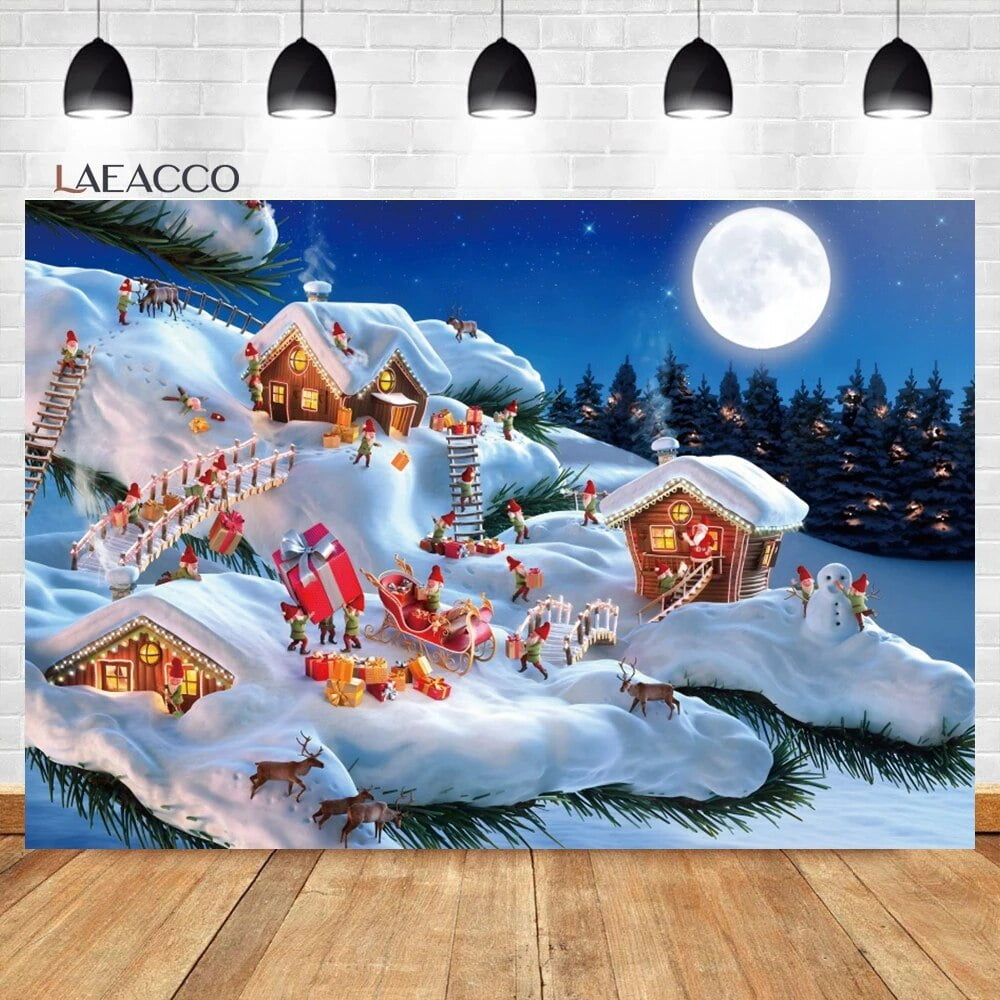 Merry Christmas Backdrop Winter Snowy Night Glitter Warm Rural Housing ...