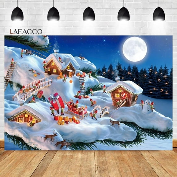 Merry Christmas Backdrop Winter Snowy Night Glitter Warm Rural Housing ...