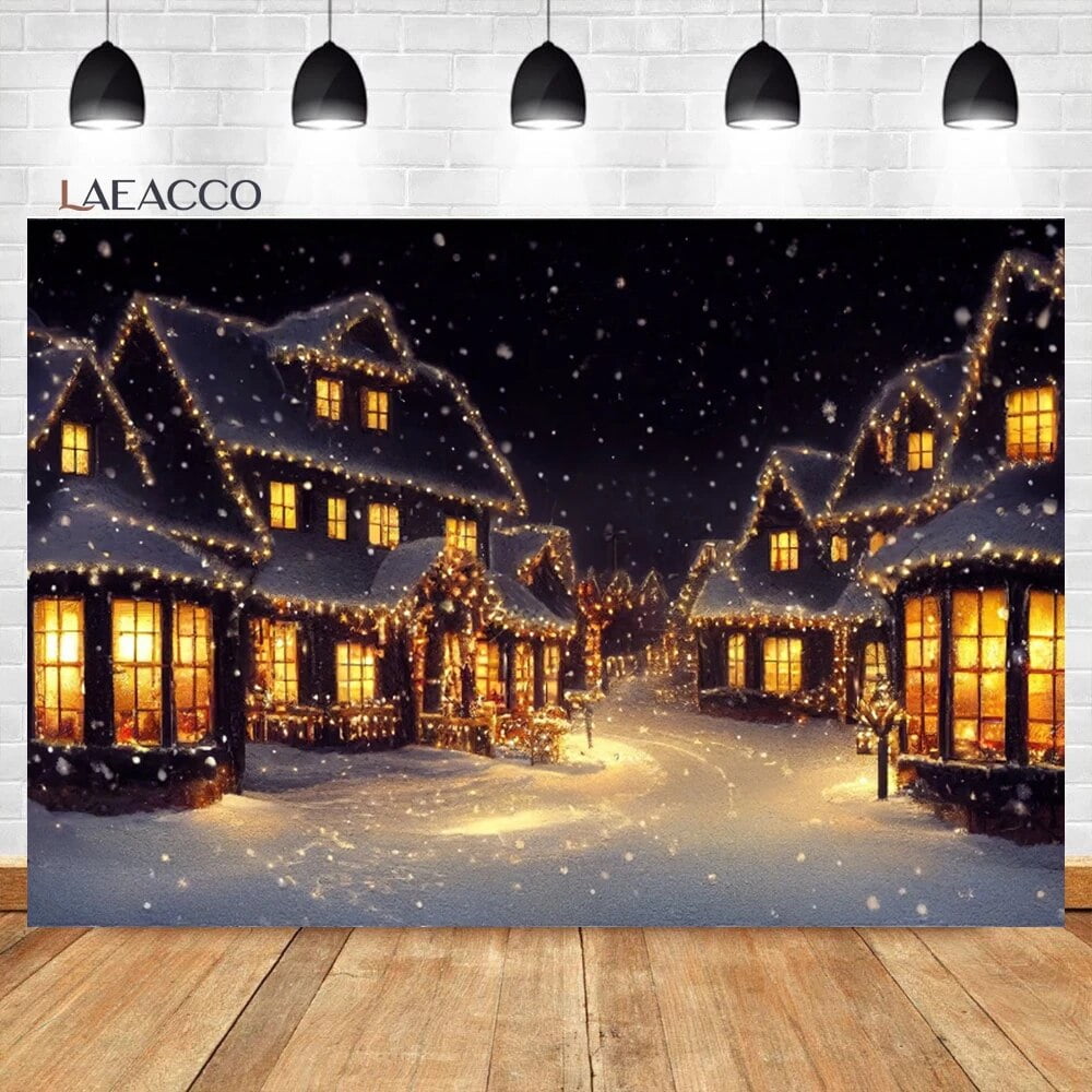 Merry Christmas Backdrop Winter Snowy Night Glitter Warm Rural Housing ...