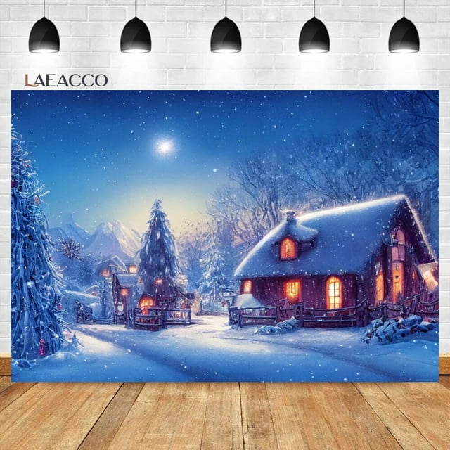 Merry Christmas Backdrop Winter Snowy Night Glitter Warm Rural Housing ...