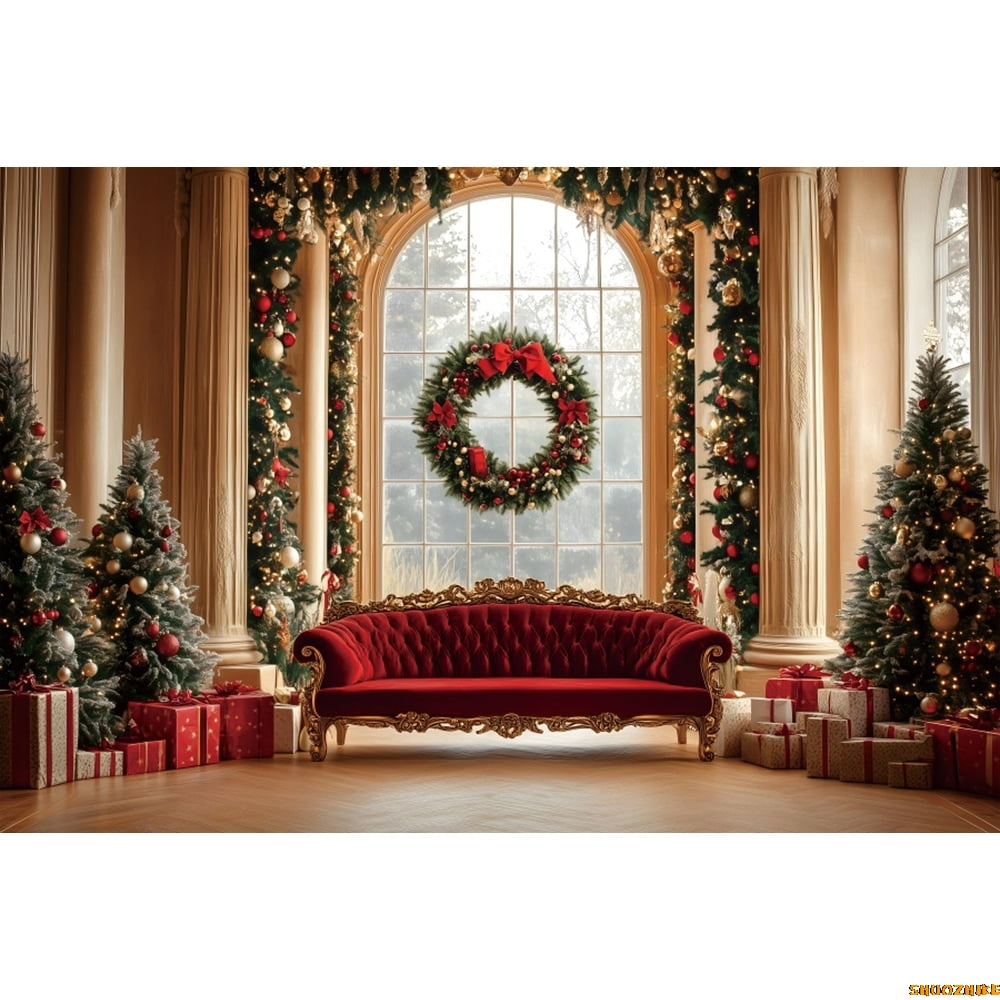 Merry Christmas Backdrop Xmas Tree Gifts Window Red Curtain Wreath Room ...