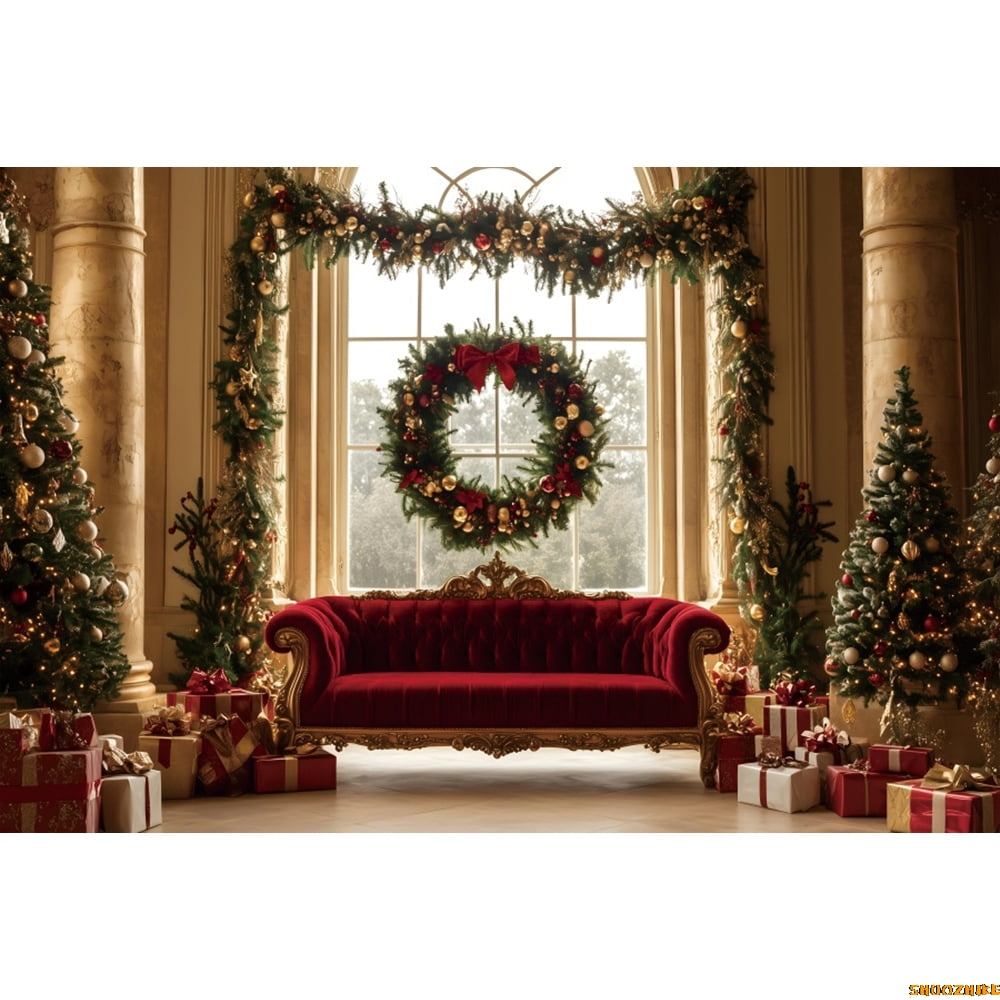 Merry Christmas Backdrop Xmas Tree Gifts Window Red Curtain Wreath Room ...