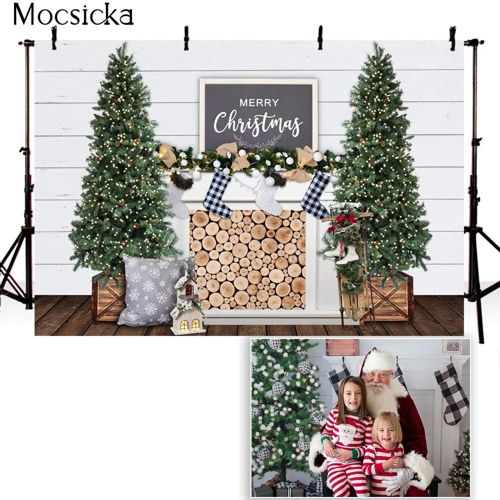 Merry Christmas Backdrop for Fireplace Photography X-mas Tree Sock ...