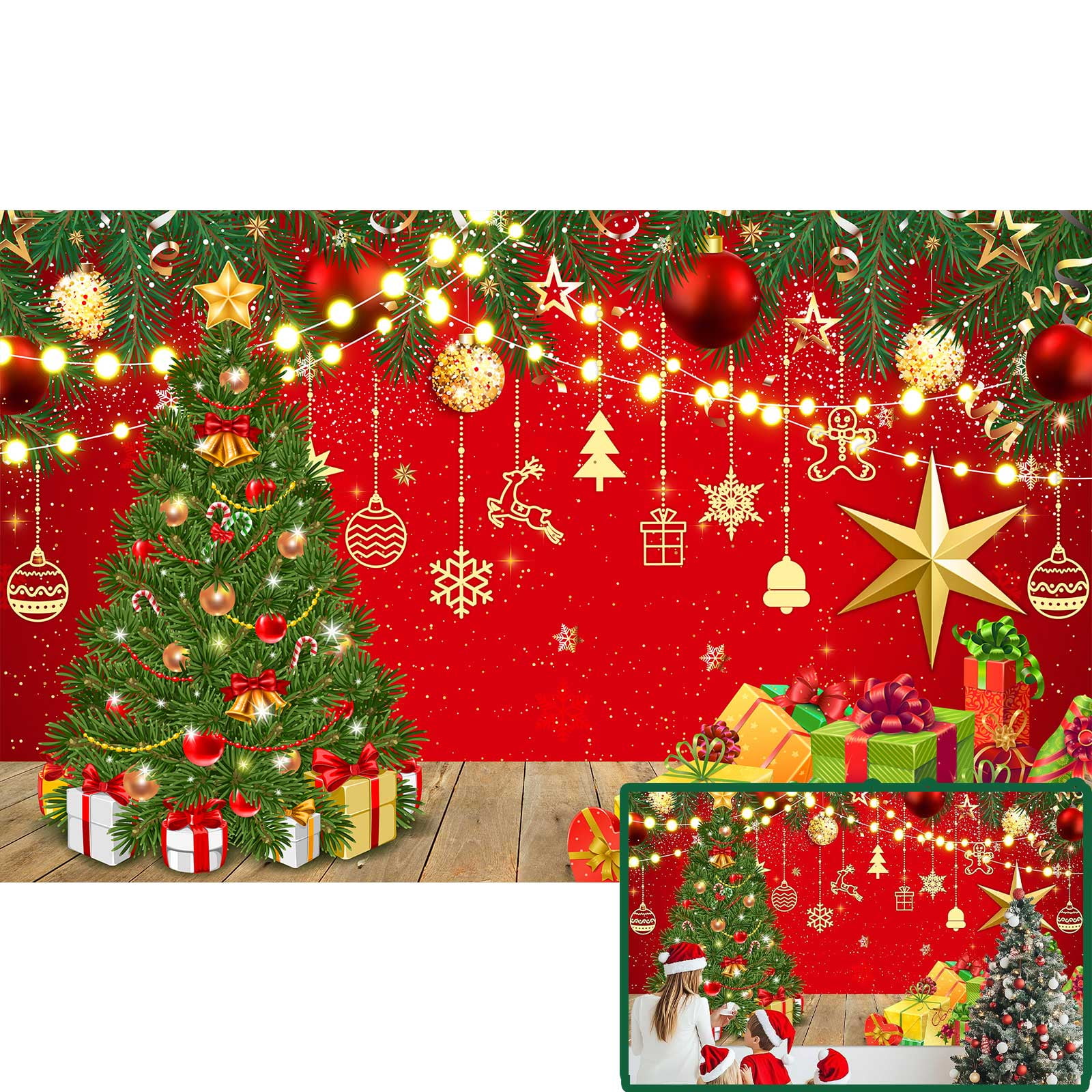 Merry Christmas Backdrops for Photoshoot, Red and Gold Merry Christmas ...