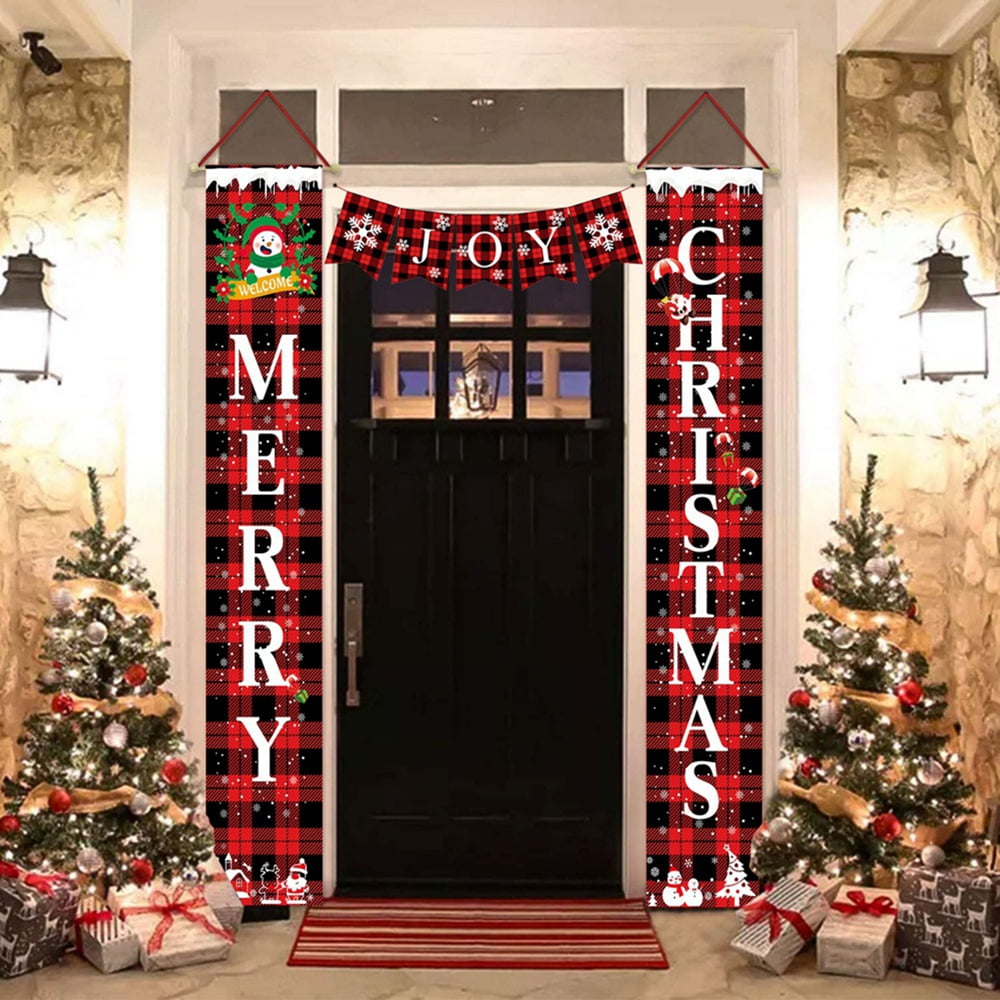 Merry Christmas Banner Front Porch, Red Black Buffalo Plaid Merry ...