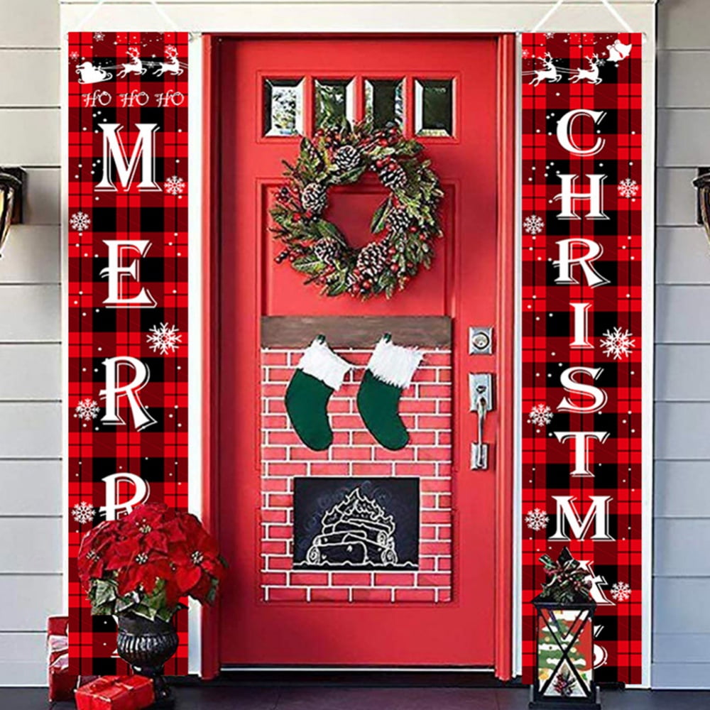 Merry Christmas Banner Front Porch Sign,Buffalo Plaid Christmas Door ...