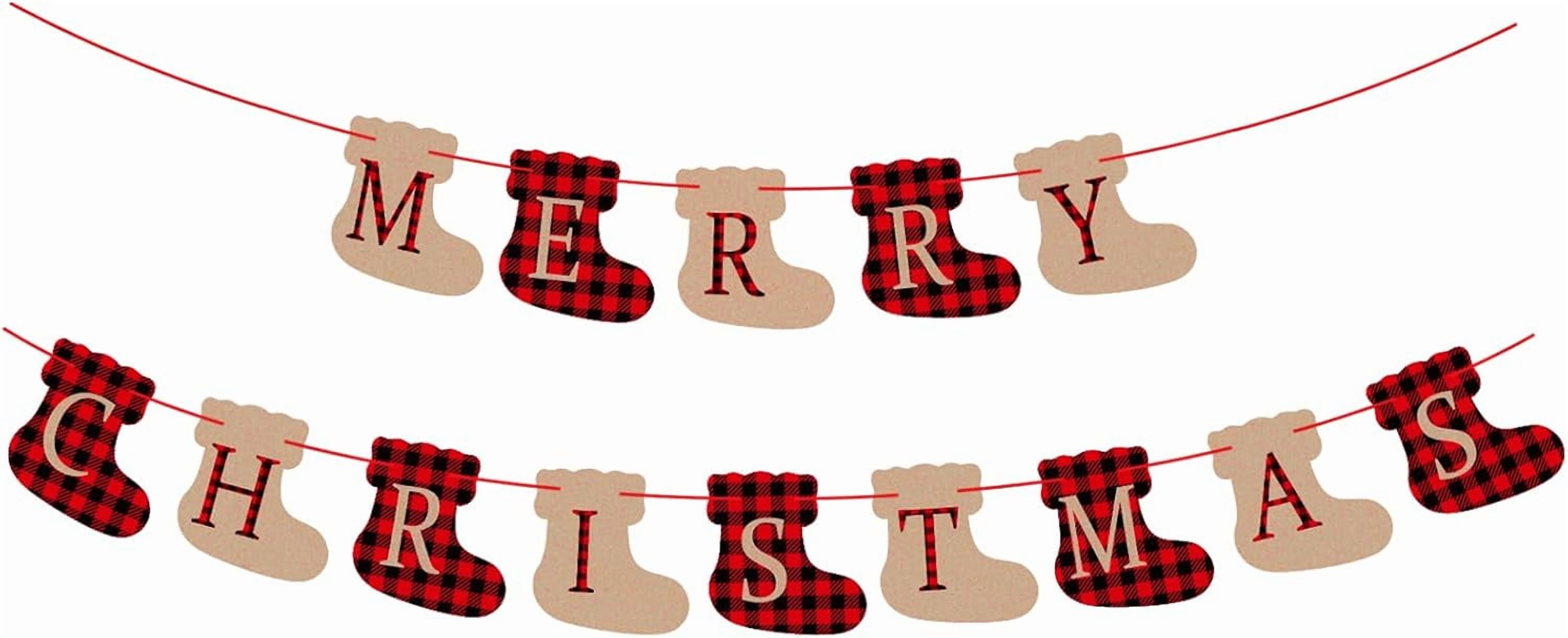 Merry Christmas Banner, Pre-Strung Buffalo Plaid Xmas Decorations, Sock ...
