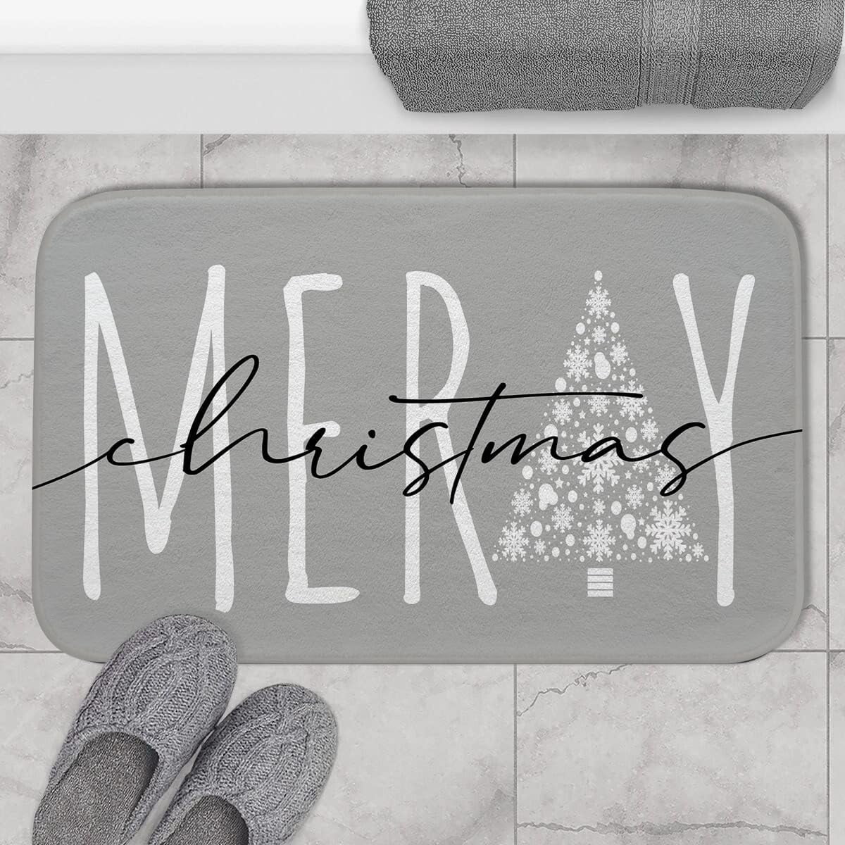 Merry Christmas Bath Mat, Cute Grey Xmas Bathroom Mat, Christmas Tree ...