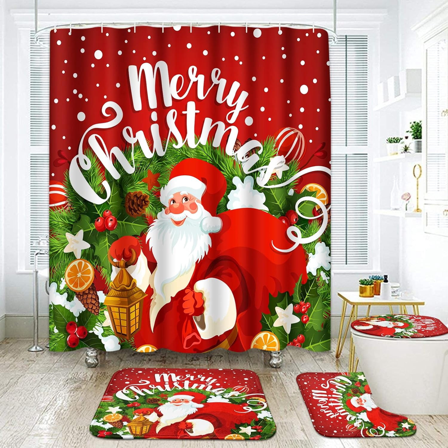 Merry Christmas Bathroom Set with Shower Curtain Set and Rugs ...