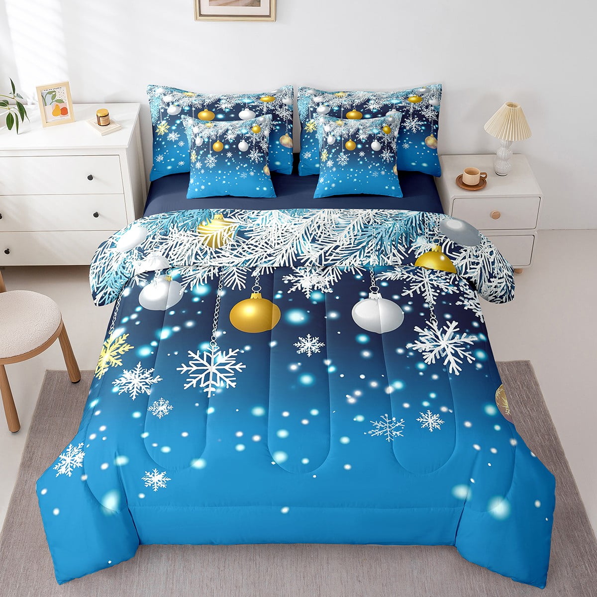 Merry Christmas Bed in a Bag Queen Comforter Set 7 Piece,Xmas Snowflake ...