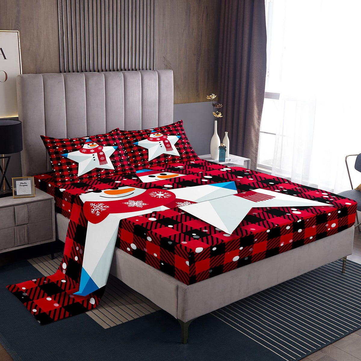 Merry Christmas Bed Sheets Set Xmas 5 Point Stars Snowman Print Sheets ...
