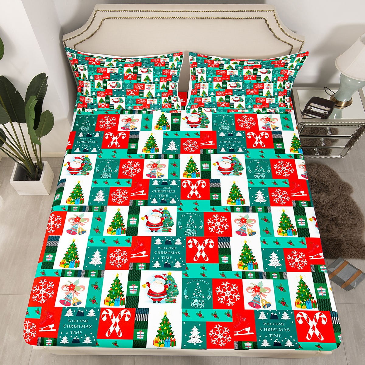 Merry Christmas Bed Sheets Twin,Christmas Tree Bedding Set Cartoon Santa Claus Fitted Sheet Red ...