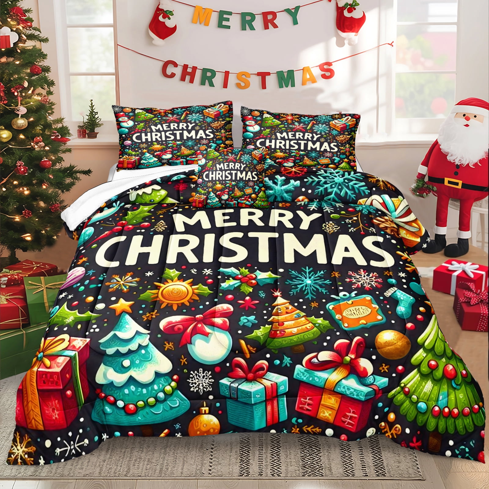 Merry Christmas Bedding Queen Size Cartoon Xmas Comforter Set Cute ...