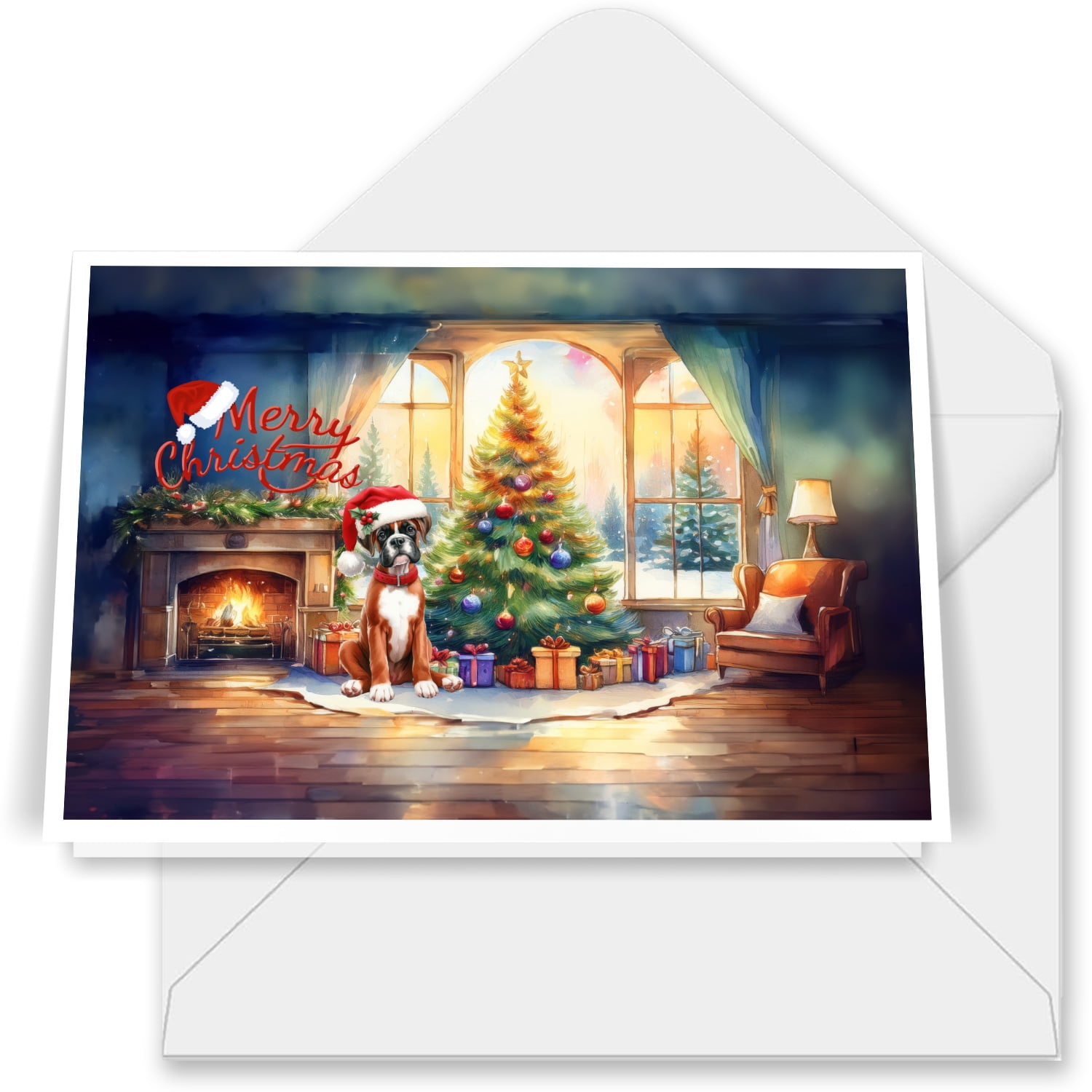 Merry Christmas Boxer Santa Hat Xmas Tree Winter Holiday 7x5in Folded ...