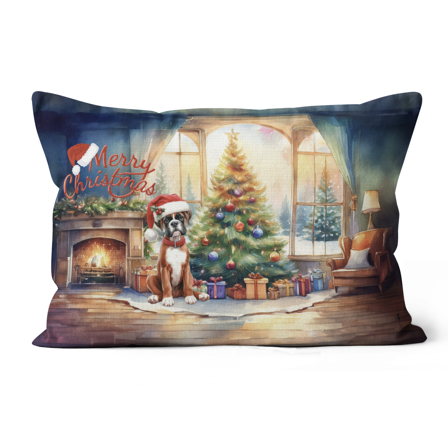Merry Christmas Boxer Santa Hat Xmas Tree Winter Holiday Pillow Cushion ...