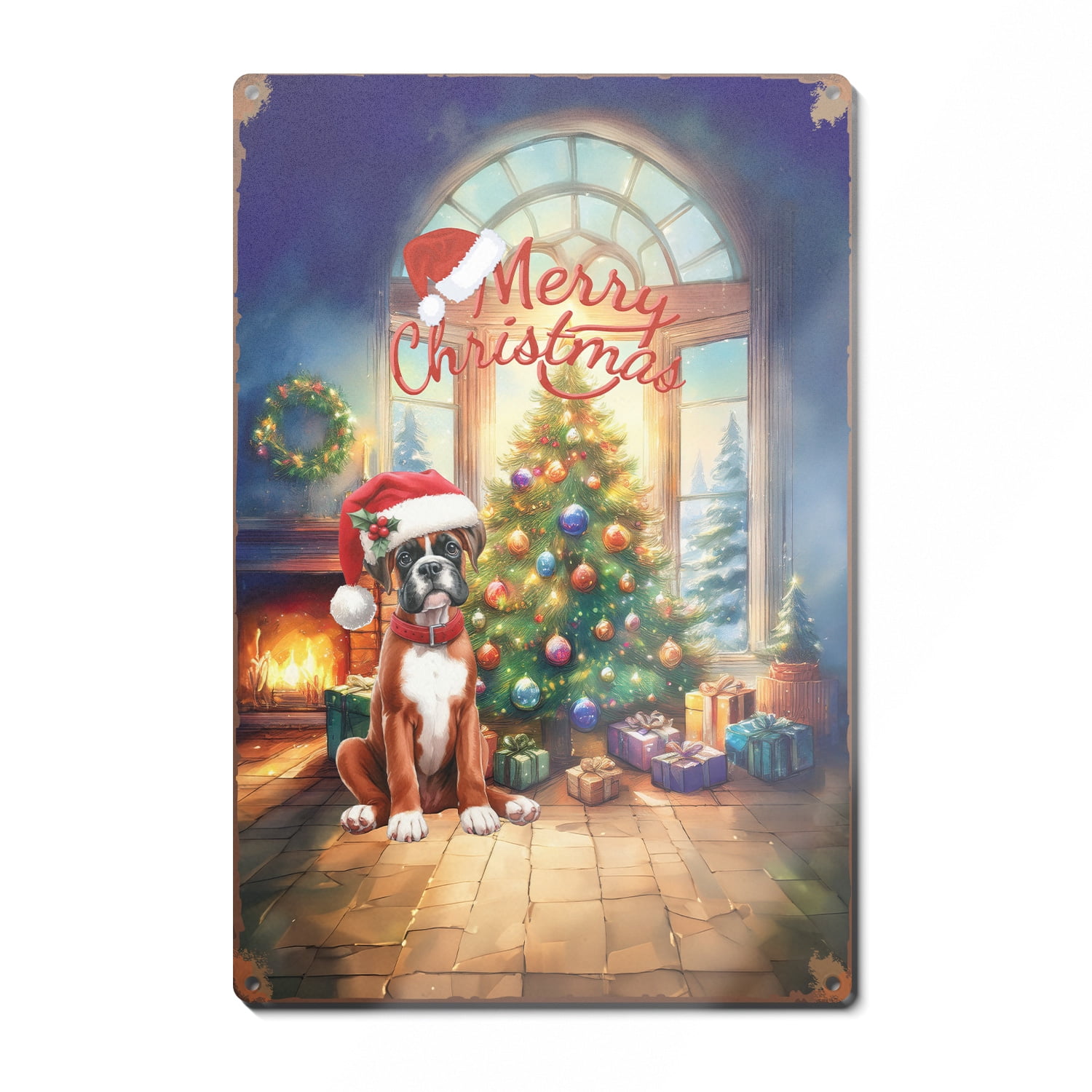 Merry Christmas Boxer Santa Hat Xmas Tree Winter Holiday Vertical Metal ...