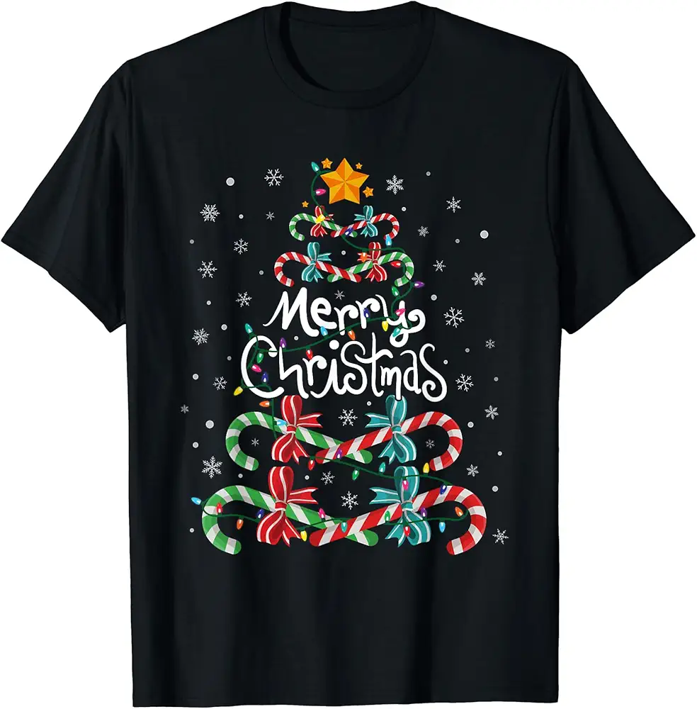 Merry Christmas Candy Cane Tree Fun Holiday Winter Outfit T-Shirt. up ...