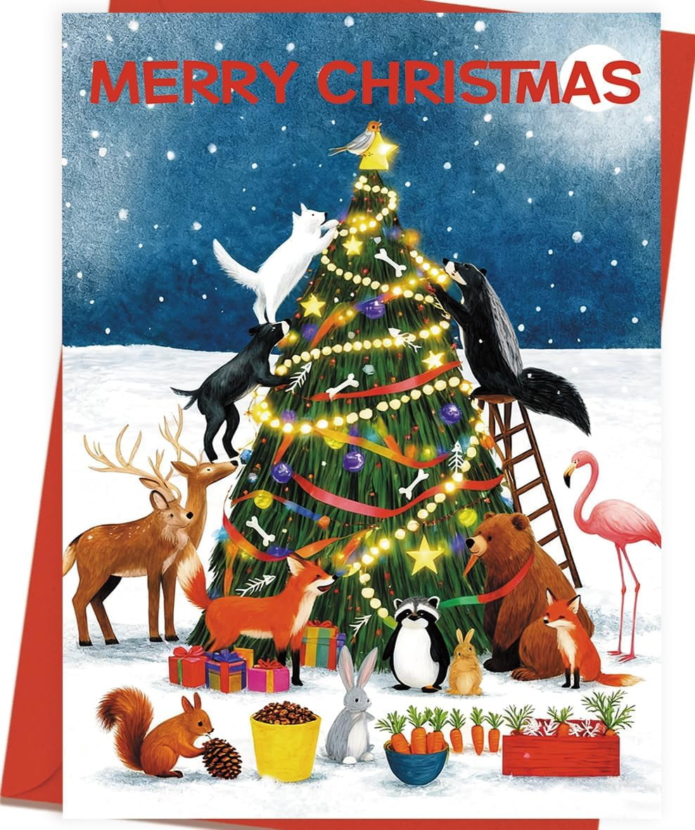Merry Christmas Card with Festive Animal Design – Illustrated Holiday ...