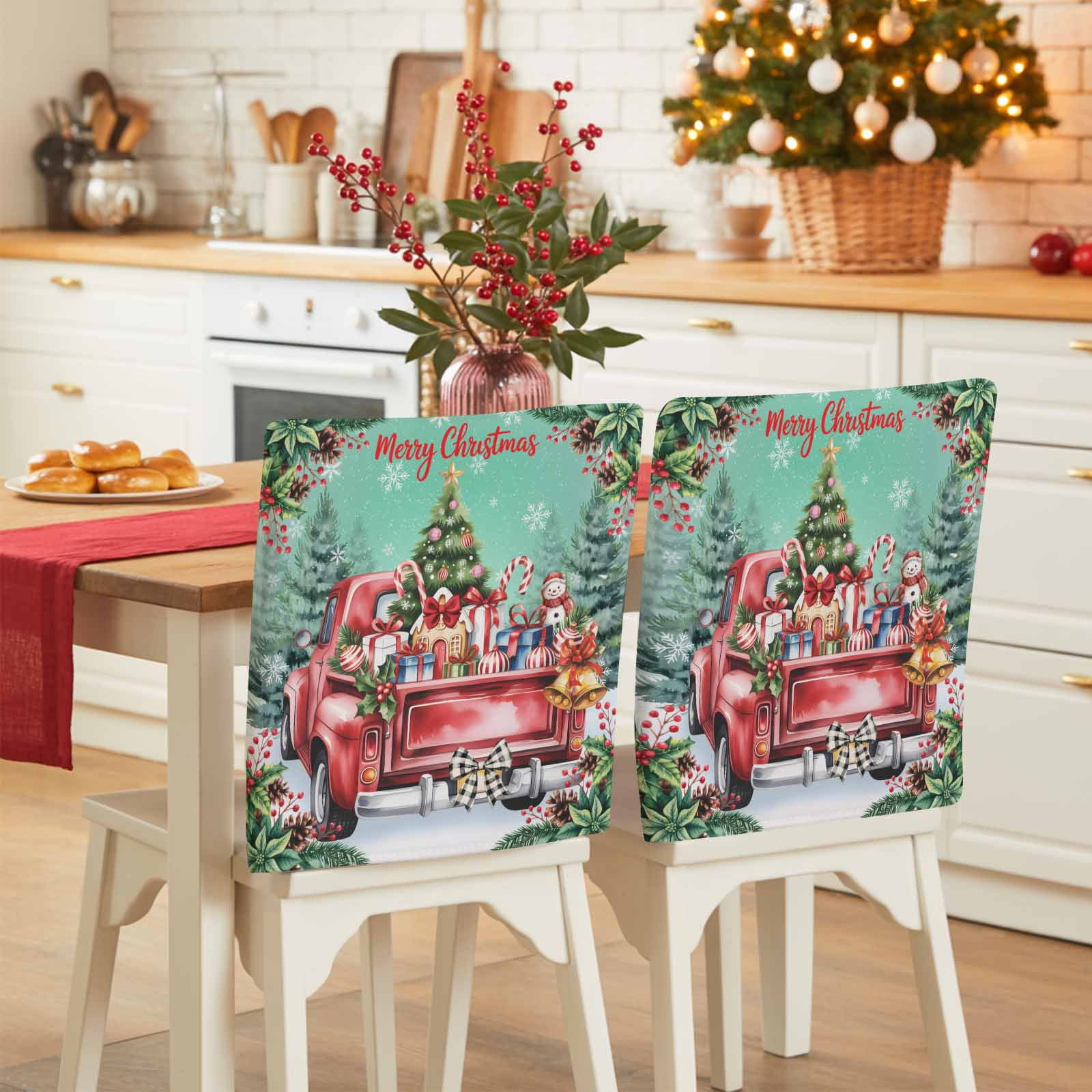 Merry Christmas Chair Back Covers Set of 6, Red Truck Gift Colored Ball ...