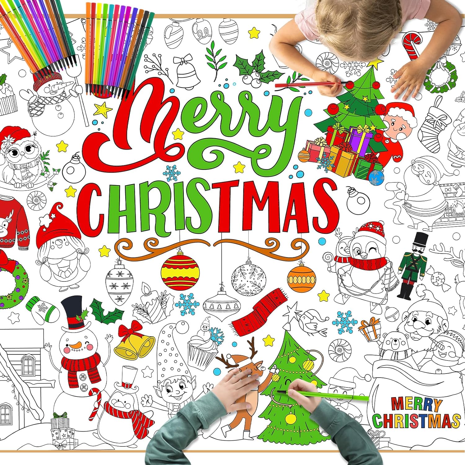 Merry Christmas Coloring Poster with 24 Pcs Paint Pens, Xmas Holiday ...