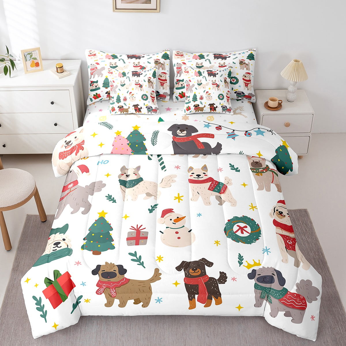 Merry Christmas Comforter 7 Pieces King Size Cartoon Dog Sheet Set For ...