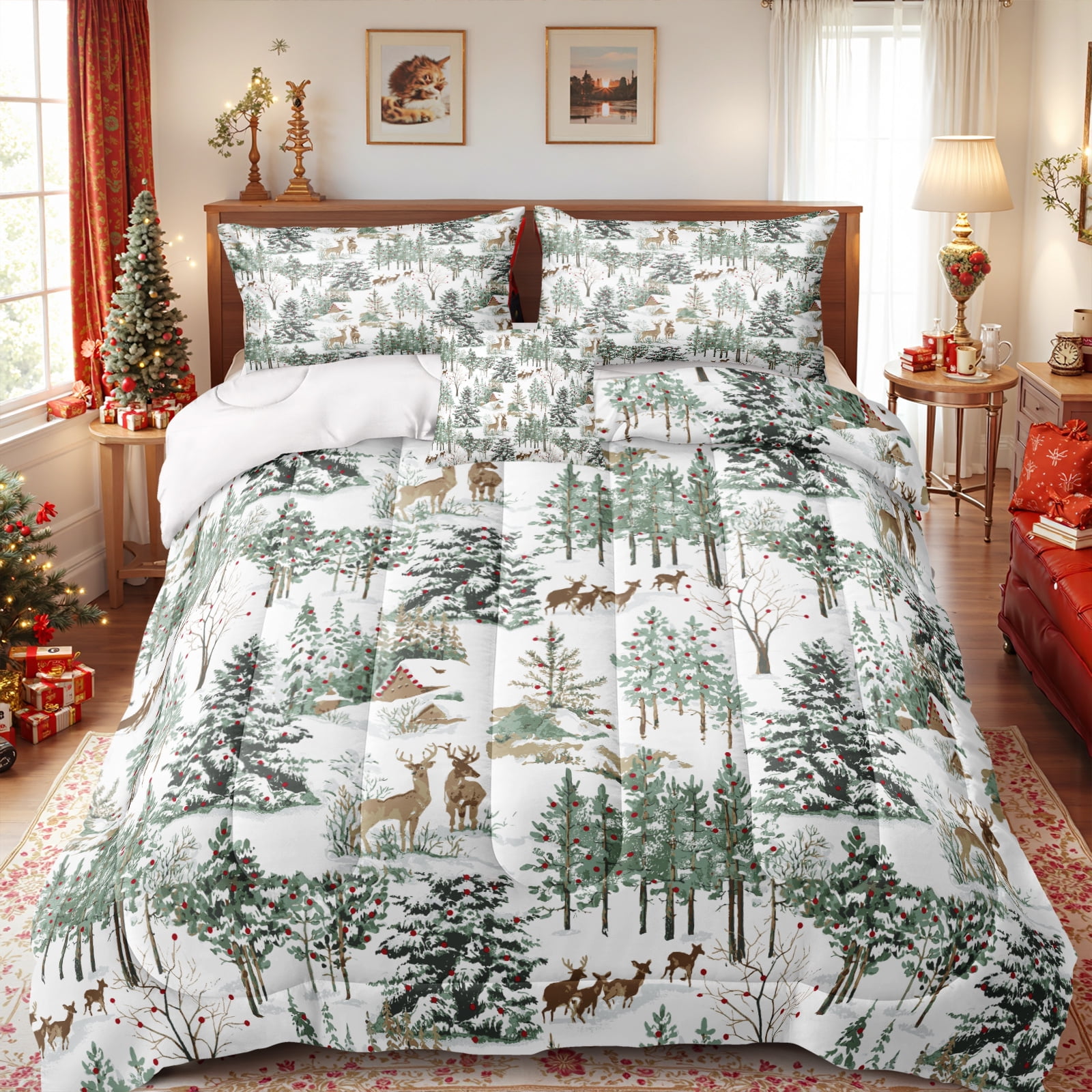 Merry Christmas Comforter Set Deer Forest Bedding Set Green Christmas ...