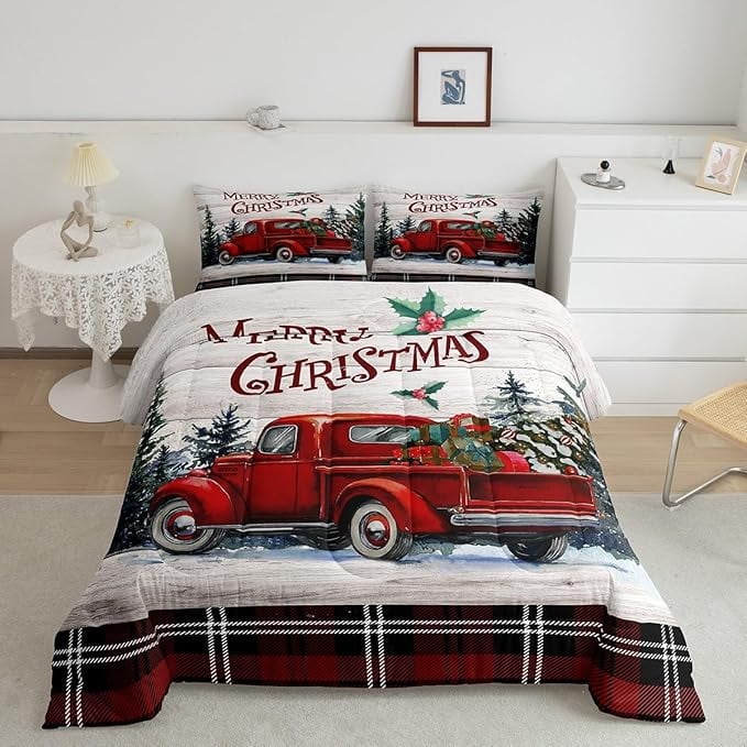 Merry Christmas Comforter Set Full Size,Vintage Xmas Truck Quilt Set ...