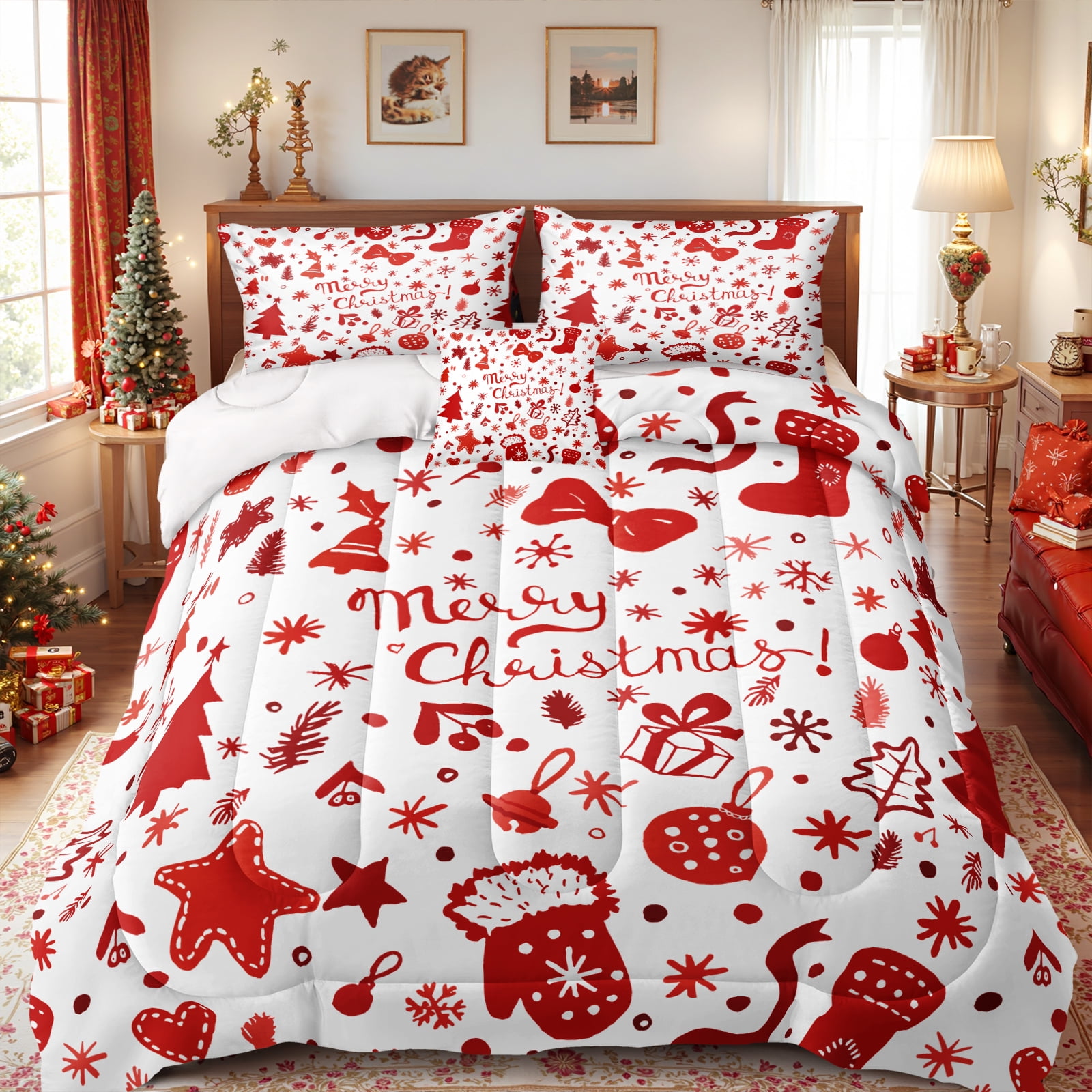 Merry Christmas Comforter White Red Bedding Set Cute Christmas Tree ...