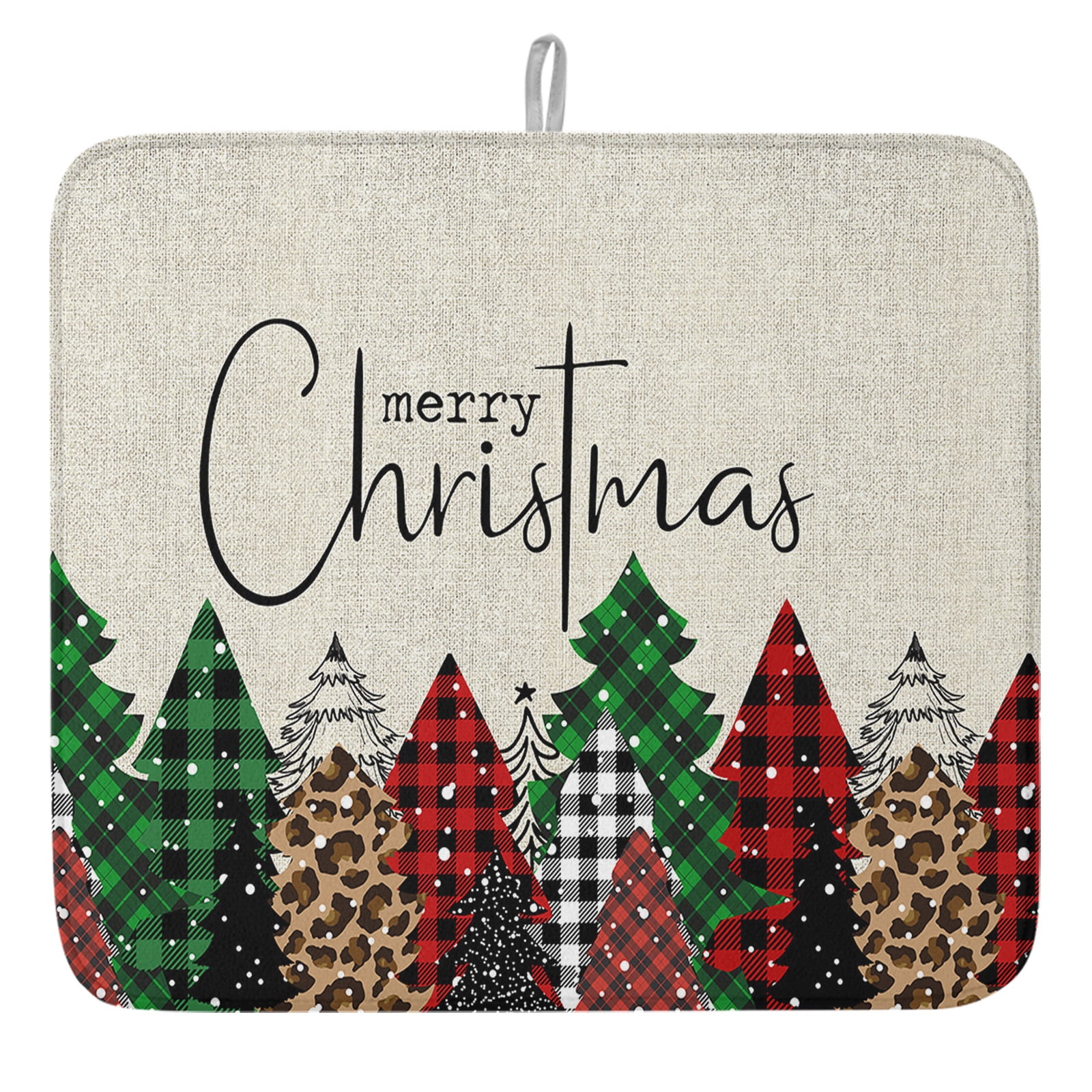 Merry Christmas Dish Drying Mat, Buffalo Plaid Xmas Tree Winter Forest ...