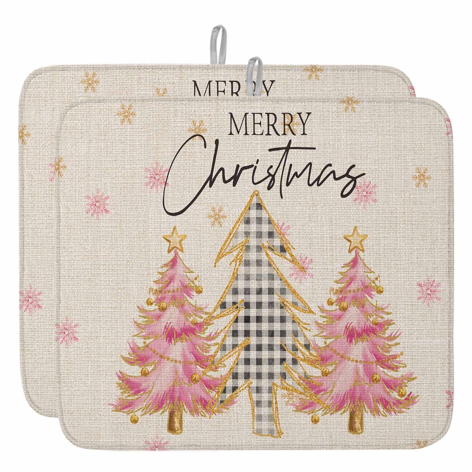 Merry Christmas Dish Drying Mat, Pink Gold Watercolor Christmas Tree ...