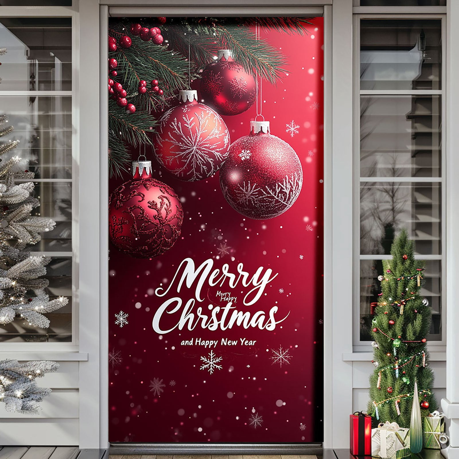 Merry Christmas Door Banner,Large Winter Pine Tree Snowman Snowflake ...