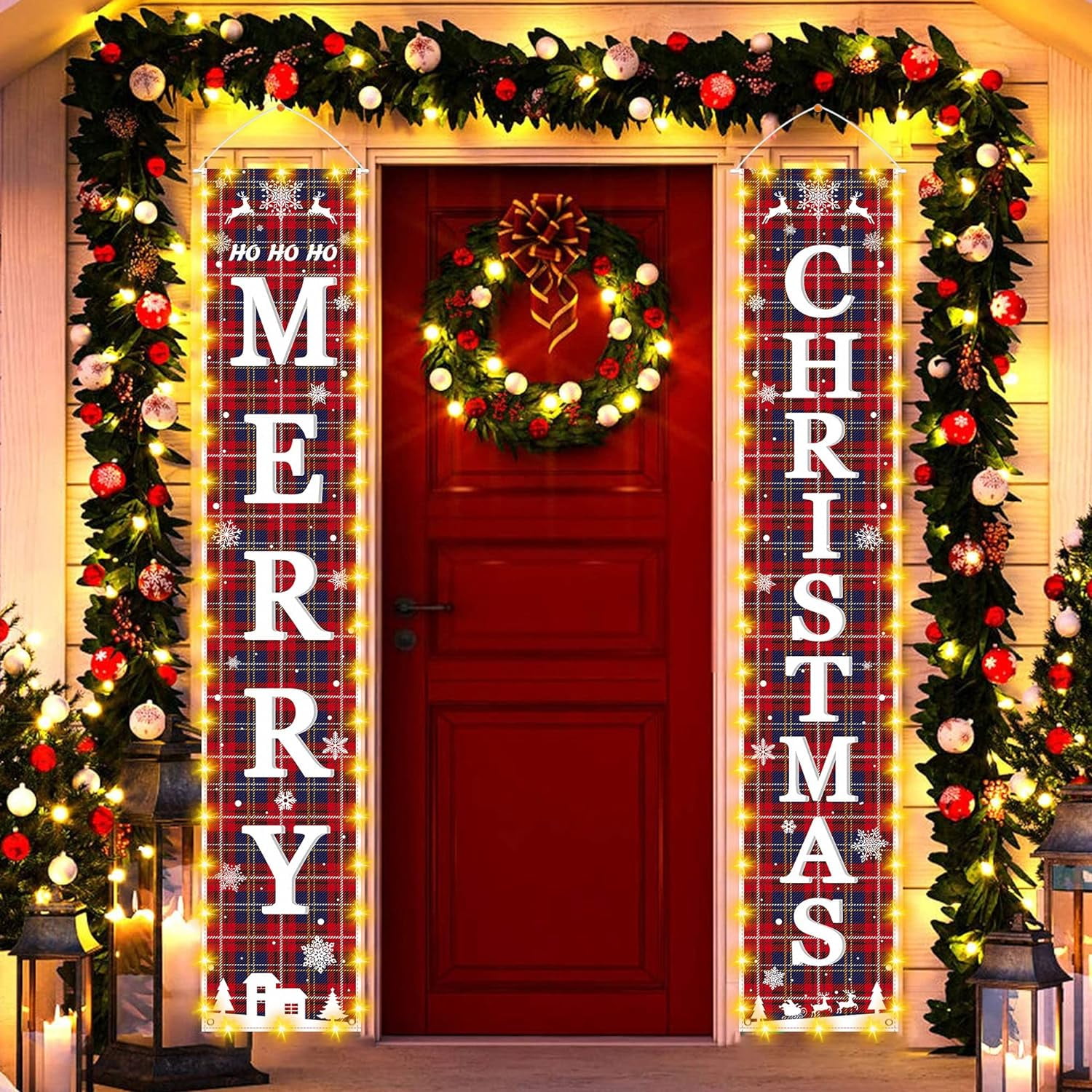 Merry Christmas Door Banners with String Light Christmas Strip Lights ...